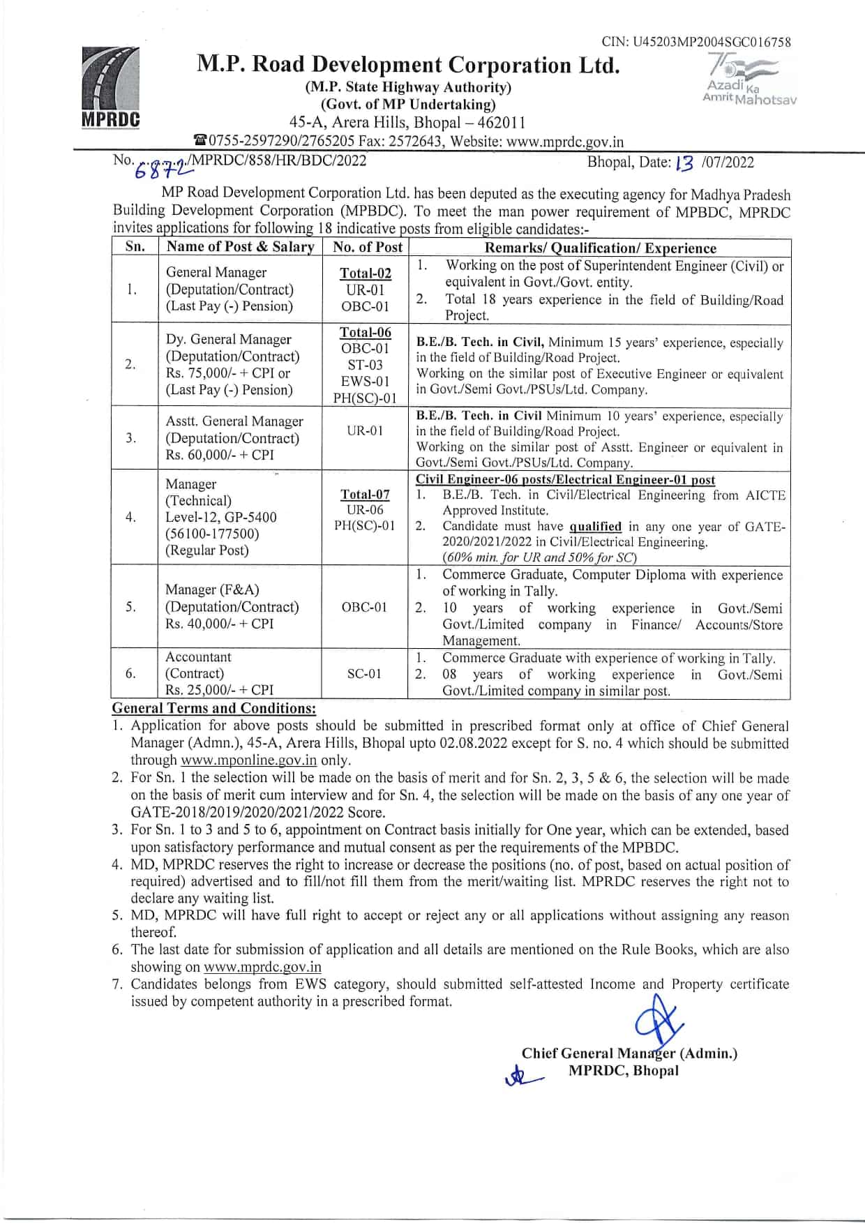 MPRDC Recruitment 2022; मध्य प्रदेश सड़क विकास निगम भर्ती, विभिन्न पदों ...